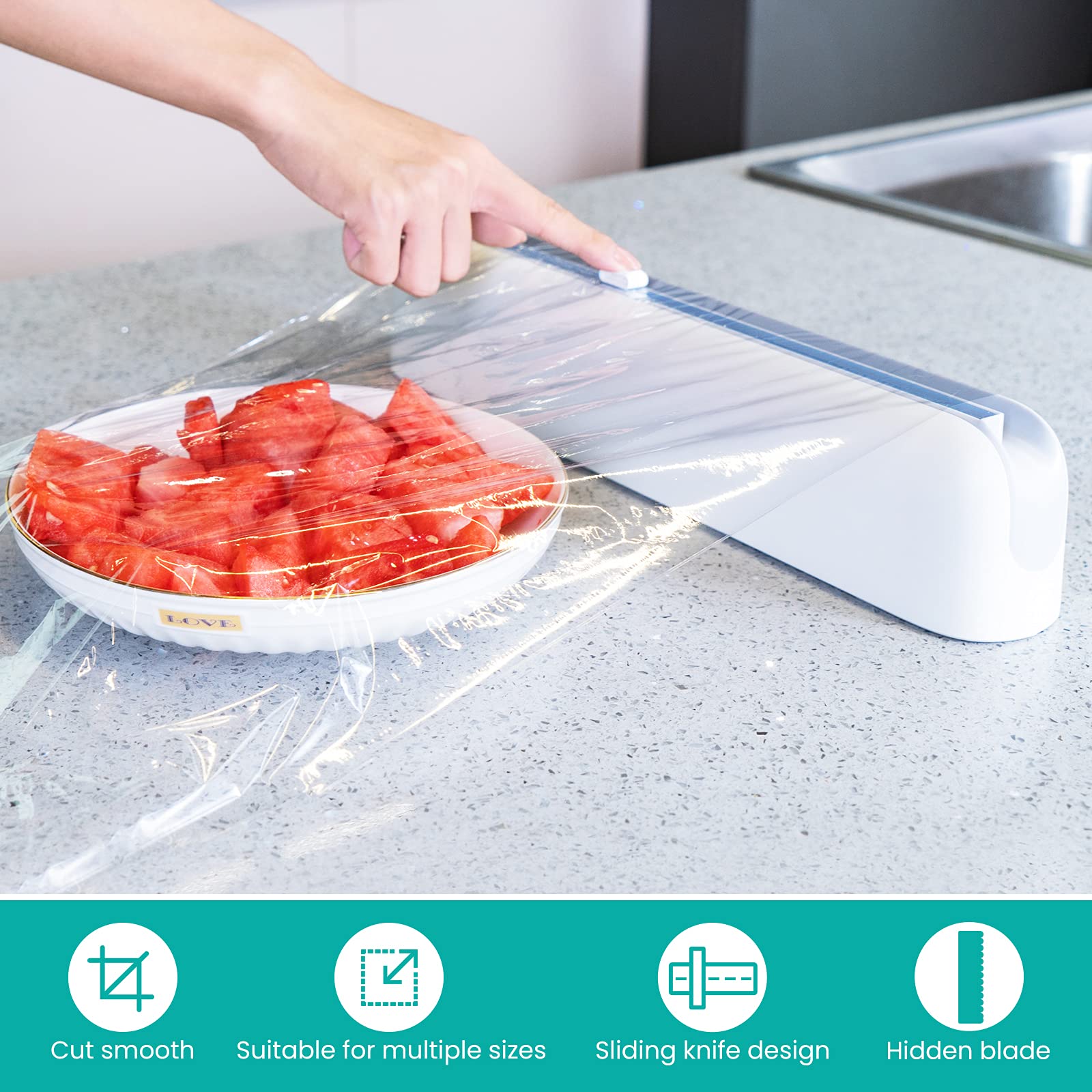 Refillable Plastic Wrap Dispenser, Cling Wrap Dispenser with Slide Cutter, Reusable Plastic Food Wrap Dispenser, Foil and Cling Film Dispenser with Cutter, 1 Roll 12" x 200ft Plastic Wrap Included