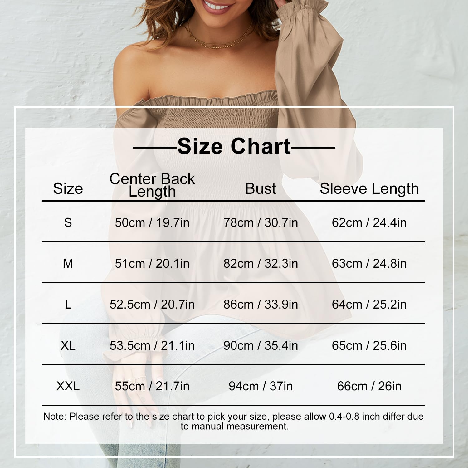 Women’s Casual Top Long Sleeve Neck Smocked Ruffle Hem Slim Babydoll Blouse Shirt Tunics Khaki