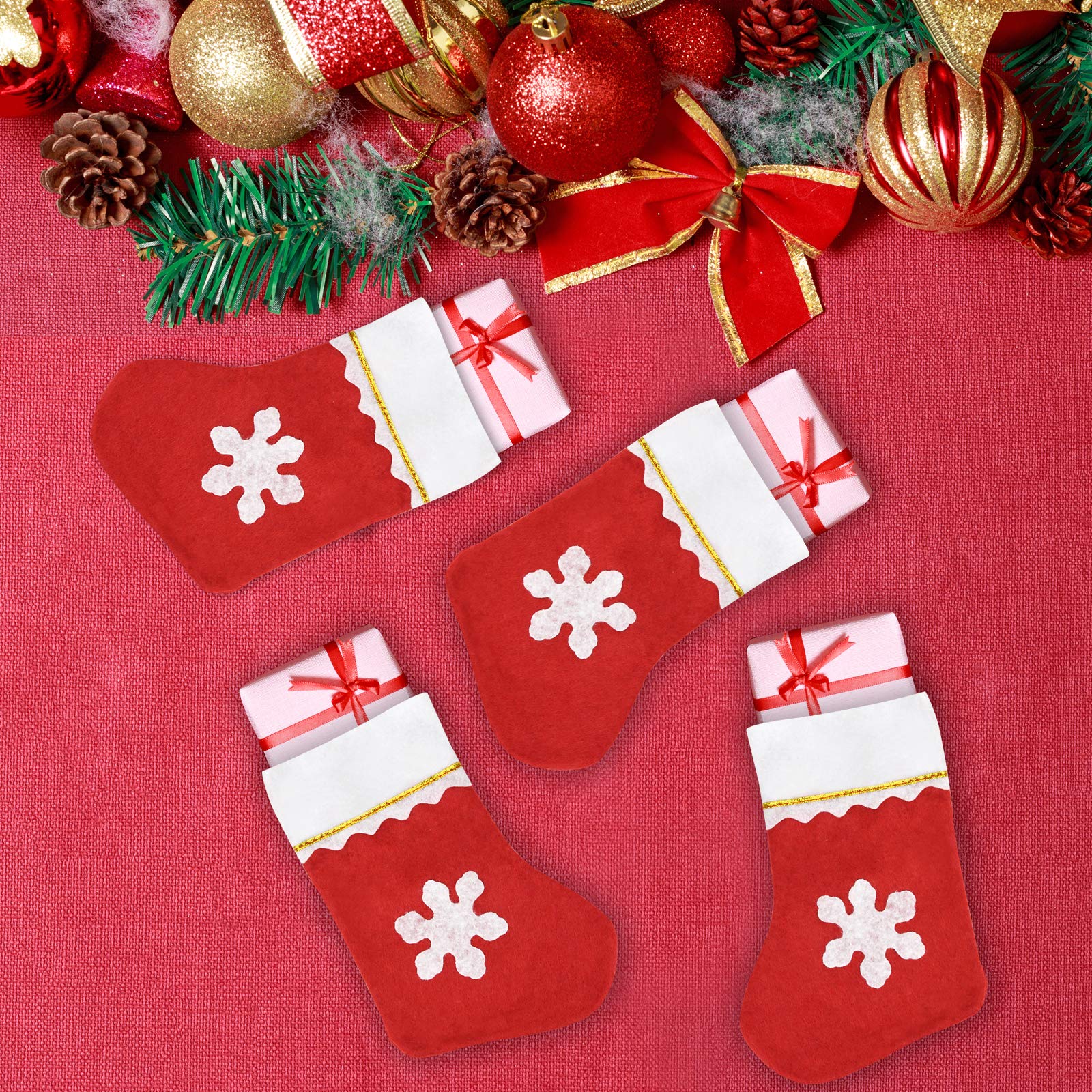 Jmkcoz 20 Pack Christmas Mini Stockings Sock Decoration Snowflake Tableware Holders, Red Felt Knife Spoon Fork Bag Candy Pouch Bag Plush Cuff Socking for Xmas Party Tree Dinner Table Home Ornaments