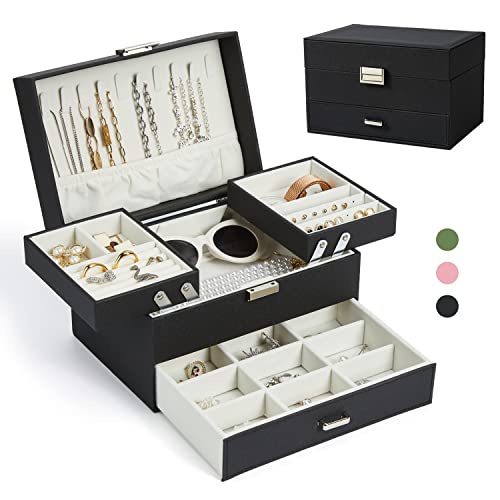 BUTI4WLD 3 Layers Large Jewelry Boxes for Women Girls Wife Ideal Gift, Jewelry Case for Storing Earrings Rings Necklaces Bracelets PU Leather & Soft Velvet Lined, Black