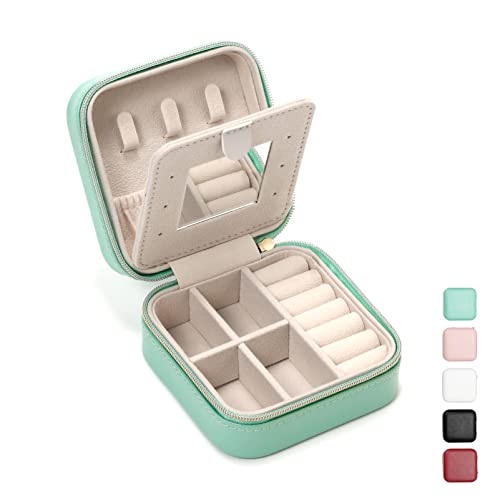 TRODANCE Jewelry Travel Case with Mirror,Small Travel Jewelry Organizer, Portable Jewelry Box Travel Mini Storage Organizer Portable Display Storage Box For Rings Earrings Necklaces Gifts (Blue)