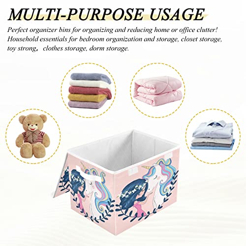 Kigai Unicorn & Girl Pink Storage Baskets for Shelves Foldable Closet Basket Storage Bins with Lid for Clothes Home Office Toys Organizers