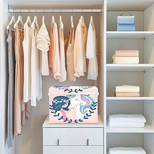 Kigai Unicorn & Girl Pink Storage Baskets for Shelves Foldable Closet Basket Storage Bins with Lid for Clothes Home Office Toys Organizers