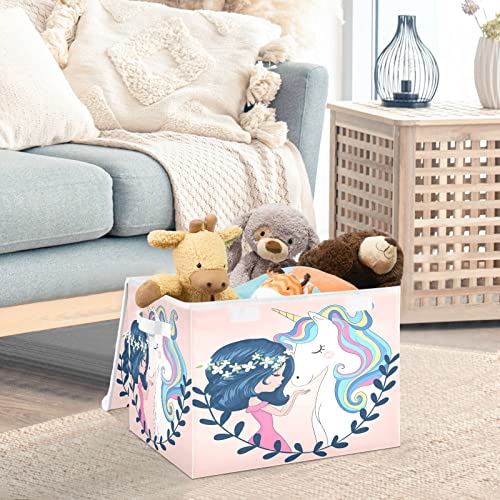 Kigai Unicorn & Girl Pink Storage Baskets for Shelves Foldable Closet Basket Storage Bins with Lid for Clothes Home Office Toys Organizers