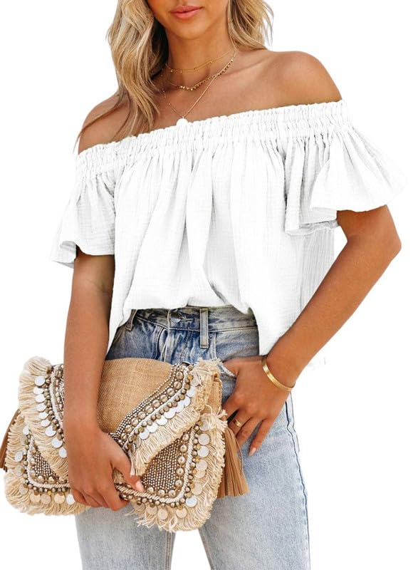 Dokotoo Women's Sexy Off The Shoulder Tops Summer Fashion 2024 Solid Cotton Flowy Crop Tops Shirred Neck Ruffle Sleeve Blouses for Work Out XX-Large White