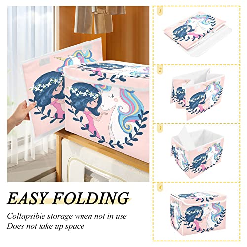 Kigai Unicorn & Girl Pink Storage Baskets for Shelves Foldable Closet Basket Storage Bins with Lid for Clothes Home Office Toys Organizers