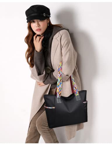 Tekzitfuir Women's Nylon Tote Bags Women Top Handle Shoulder Bag Canvas Handbags Water Resistant Purse for Women (Black)