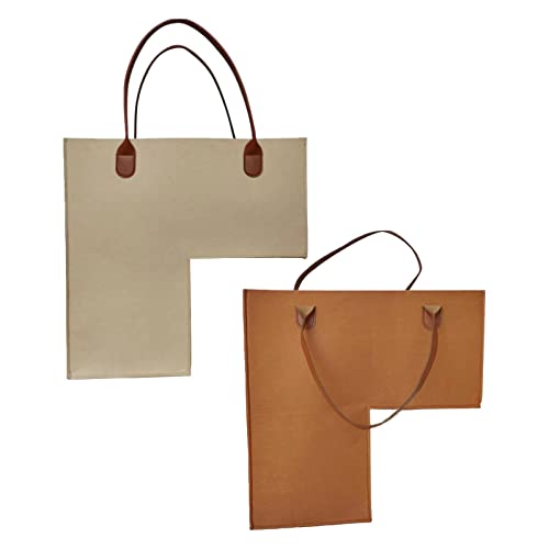 KLKCMS 2Pieces Stair Basket with Leather Handle for Carpeted Stairs, Staircase Basket for Wooden Stairs, Foldable Basket Organizer for Office, Brown and Beige