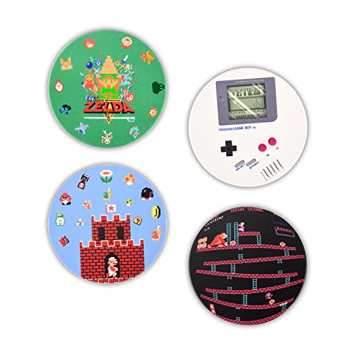 Pounchi Retro Video Game Coaster （4 Pack ） Game Lovers Absorbent Coasters Retro Drink Coasters for Game Lovers with Cork Base Bar Coasters Round Stone Coasters Car Coasters Set for Teens