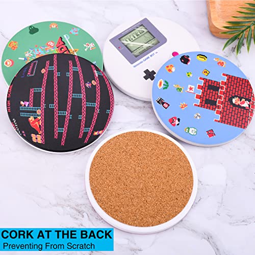 Pounchi Retro Video Game Coaster (4 Pack ) Game Lovers Absorbent Coasters Retro Drink Coasters for Game Lovers with Cork Base Bar Coasters Round Stone Coasters Car Coasters Set for Teens