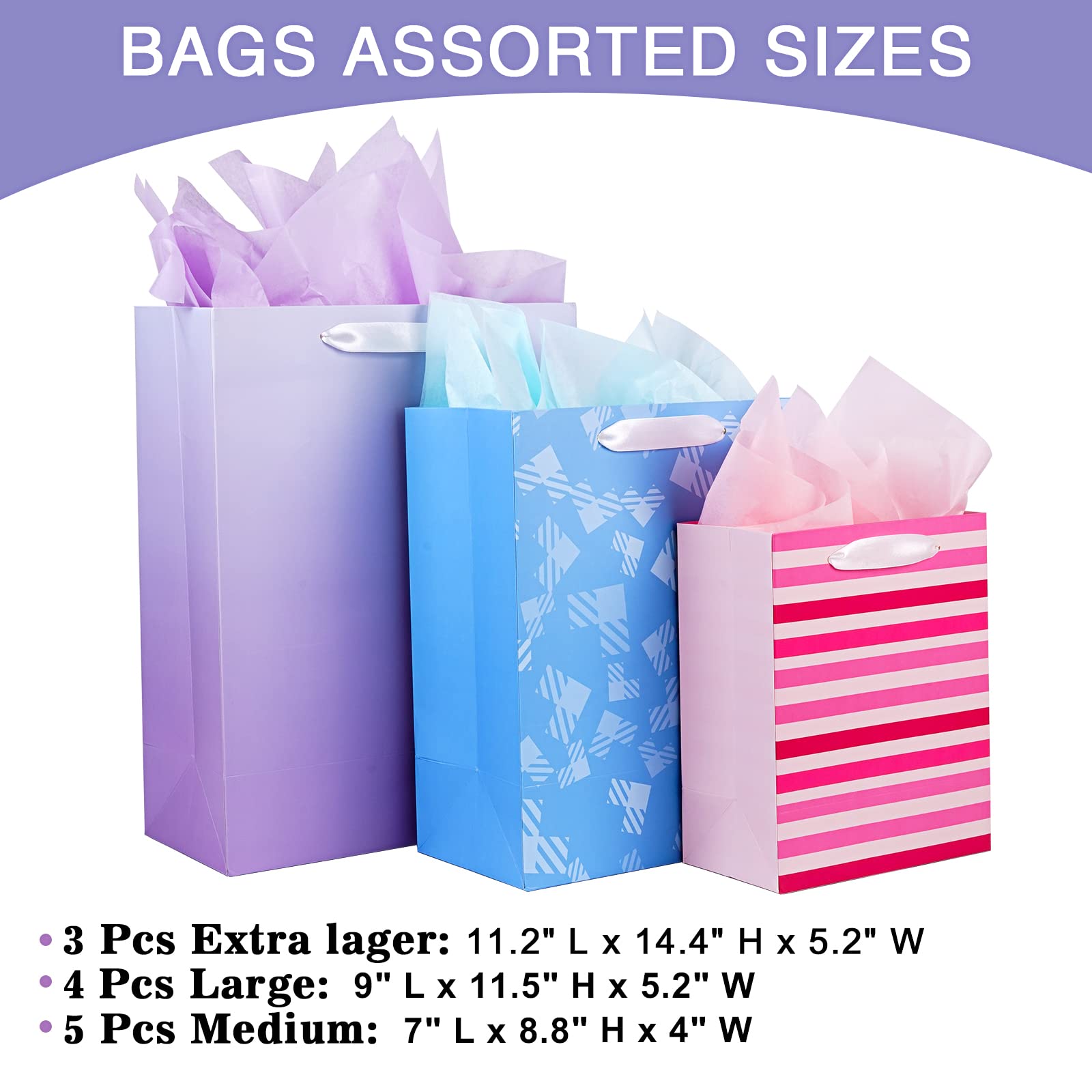 12 Pack Gift Bags Assorted Sizes and Designs, Gift Bags Bulk with Tissue Paper (5 Medium 8", 4 Large 11", 3 Extra Large 14") for Birthday, Baby Showers, Bridal Showers, Easter Day Any Occasion