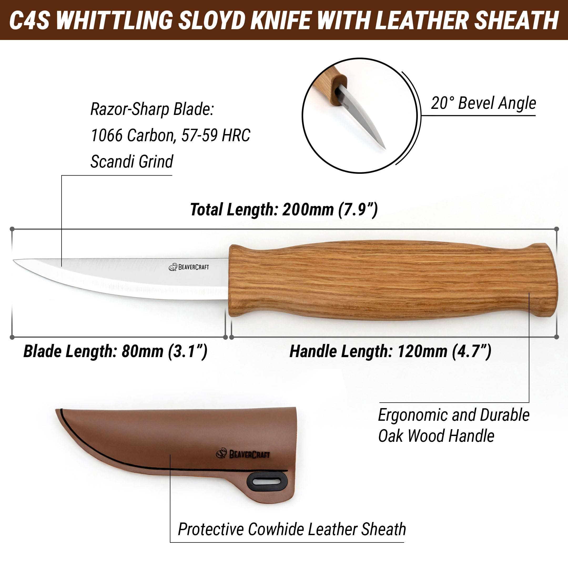 BeaverCraft Sloyd Knife C4s 3.14" Wood Carving Sloyd Knife with Leather Sheath for Whittling and Roughing for Beginners and Profi Durable High Carbon Steel - Spoon Carving Tools Thin Wood Working