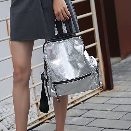 Downupdown Stylish Backpacks for Women Shiny Soft Leather Backpack with Top Handle Zipper Purse Shoulder Bags Travel Daypack Casual Waterproof Travel Bags-Sliver