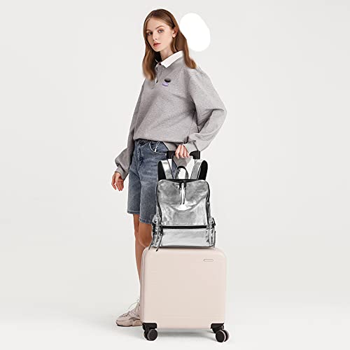 Downupdown Stylish Backpacks for Women Shiny Soft Leather Backpack with Top Handle Zipper Purse Shoulder Bags Travel Daypack Casual Waterproof Travel Bags-Sliver