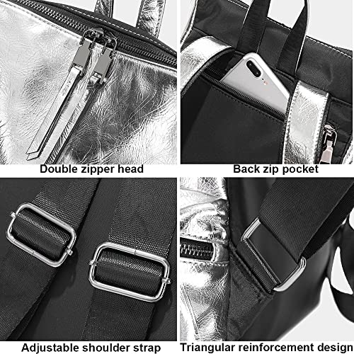 Downupdown Stylish Backpacks for Women Shiny Soft Leather Backpack with Top Handle Zipper Purse Shoulder Bags Travel Daypack Casual Waterproof Travel Bags-Sliver