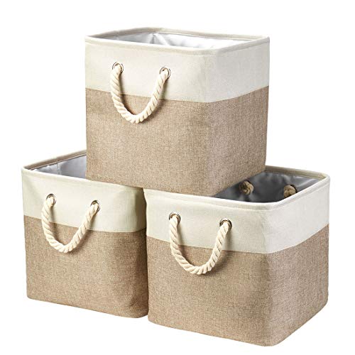 i BKGOO Cube Storage BinsďźFoldable Canvas Storage Basket,3-Pack Collapsible Sturdy Fabric Organizing Basket with Cotton Handles for Home Office Shelf Clothes White-Khaki 13Ă13Ă13 inch
