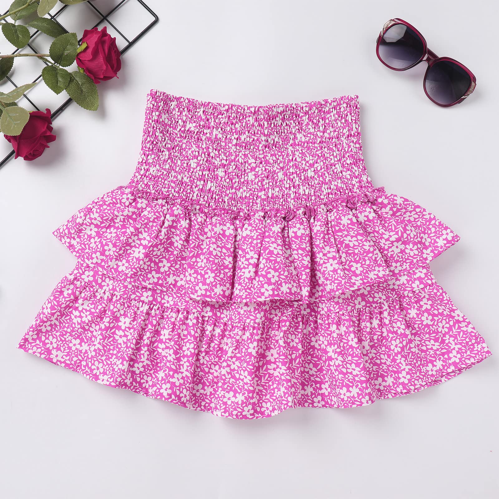 ABAFIP Women's Ruffle Mini Skirt Smocked High Waist Floral Print Boho Pleated Layered Short Skirts Swing Beach Skorts Light Pink Medium