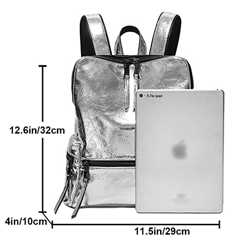 Downupdown Stylish Backpacks for Women Shiny Soft Leather Backpack with Top Handle Zipper Purse Shoulder Bags Travel Daypack Casual Waterproof Travel Bags-Sliver