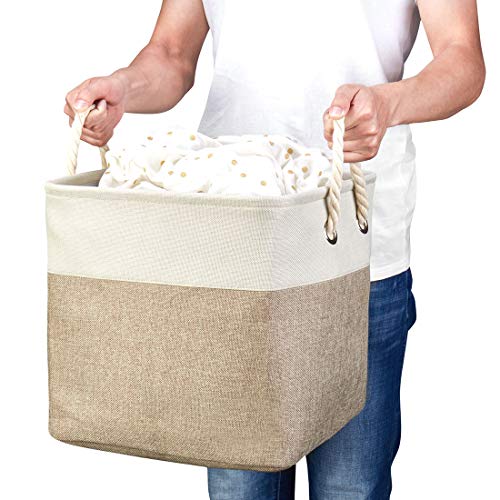 i BKGOO Cube Storage Bins，Foldable Canvas Storage Basket,3-Pack Collapsible Sturdy Fabric Organizing Basket with Cotton Handles for Home Office Shelf Clothes White-Khaki 13×13×13 inch