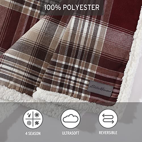 Eddie Bauer - Throw Blanket, Cotton Flannel Home Decor, All Season Reversible Sherpa Bedding (Twin Lakes Red, Throw)