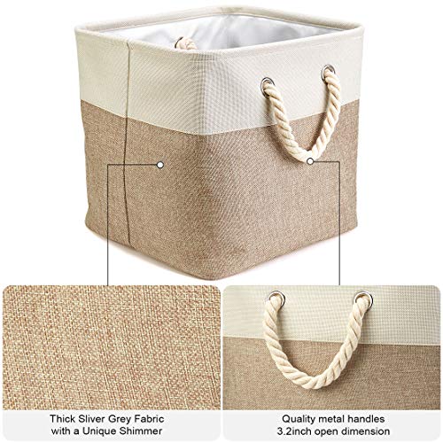i BKGOO Cube Storage Bins，Foldable Canvas Storage Basket,3-Pack Collapsible Sturdy Fabric Organizing Basket with Cotton Handles for Home Office Shelf Clothes White-Khaki 13×13×13 inch