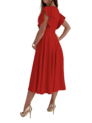 LYANER Women's Deep V Neck Ruffle Short Sleeve Wrap Swing A Line Flared Cocktail Party Midi Dress Red Large