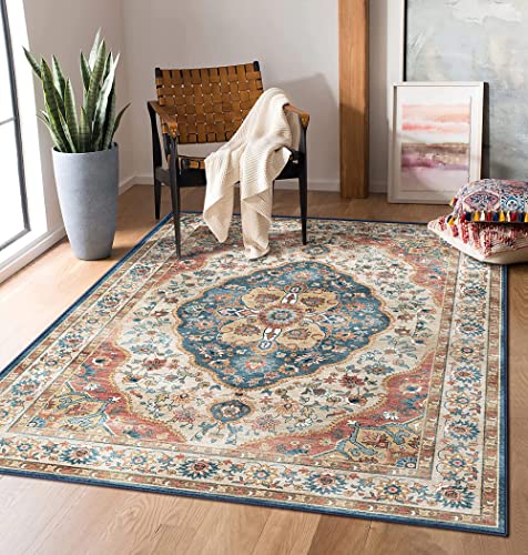 vivorug Washable Rug, Ultra Soft Area Rug 5x7, Non Slip Boho Rug Foldable, Stain Resistant Rugs for Living Room, Persian Tribal Medallion (Yellowish/Navy, 5'x7')