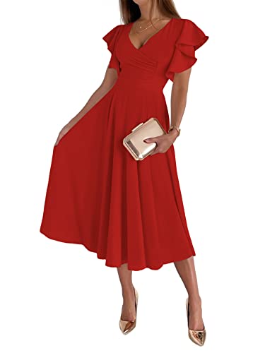 LYANER Women's Deep V Neck Ruffle Short Sleeve Wrap Swing A Line Flared Cocktail Party Midi Dress Red Large