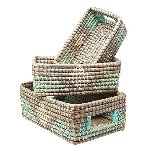 Wicker Storage Baskets, Set of 3, Handmade Natural Boho Home Decor, Seagrass Shelf Basket, Rectangular Woven Basket, Natural Basket for Organizing, Decorative Basket with Handles