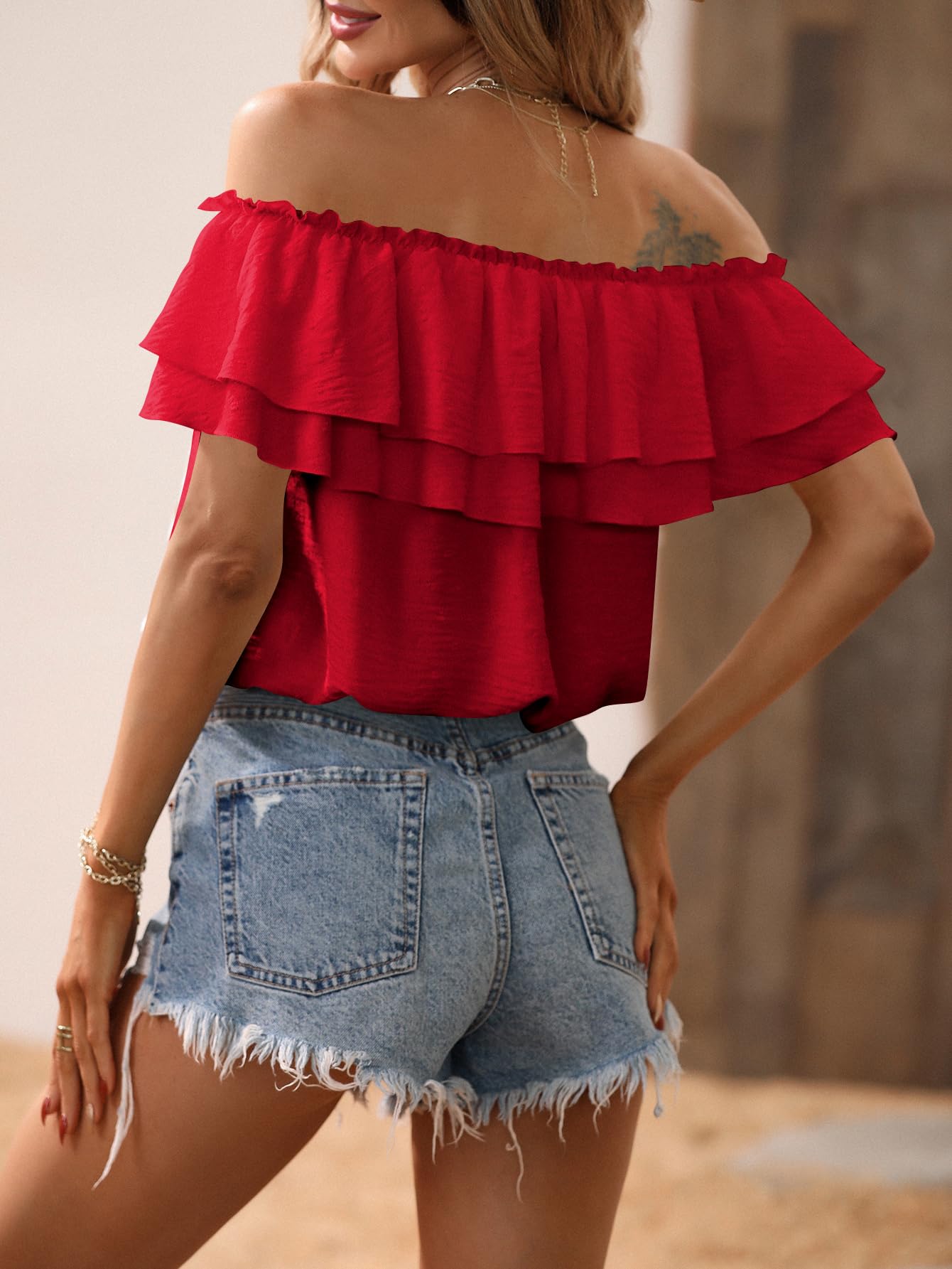 SweatyRocks Women's Off Shoulder Ruffle Trim Knot Front Blouse Tiered Layer Butterfly Short Sleeve Chiffon Tops Summer Red L
