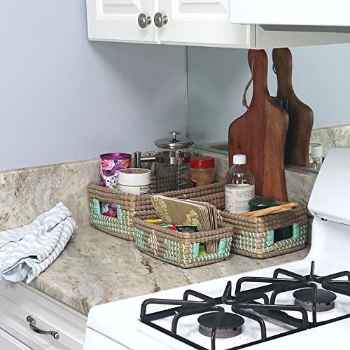 Wicker Storage Baskets, Set of 3, Handmade Natural Boho Home Decor, Seagrass Shelf Basket, Rectangular Woven Basket, Natural Basket for Organizing, Decorative Basket with Handles