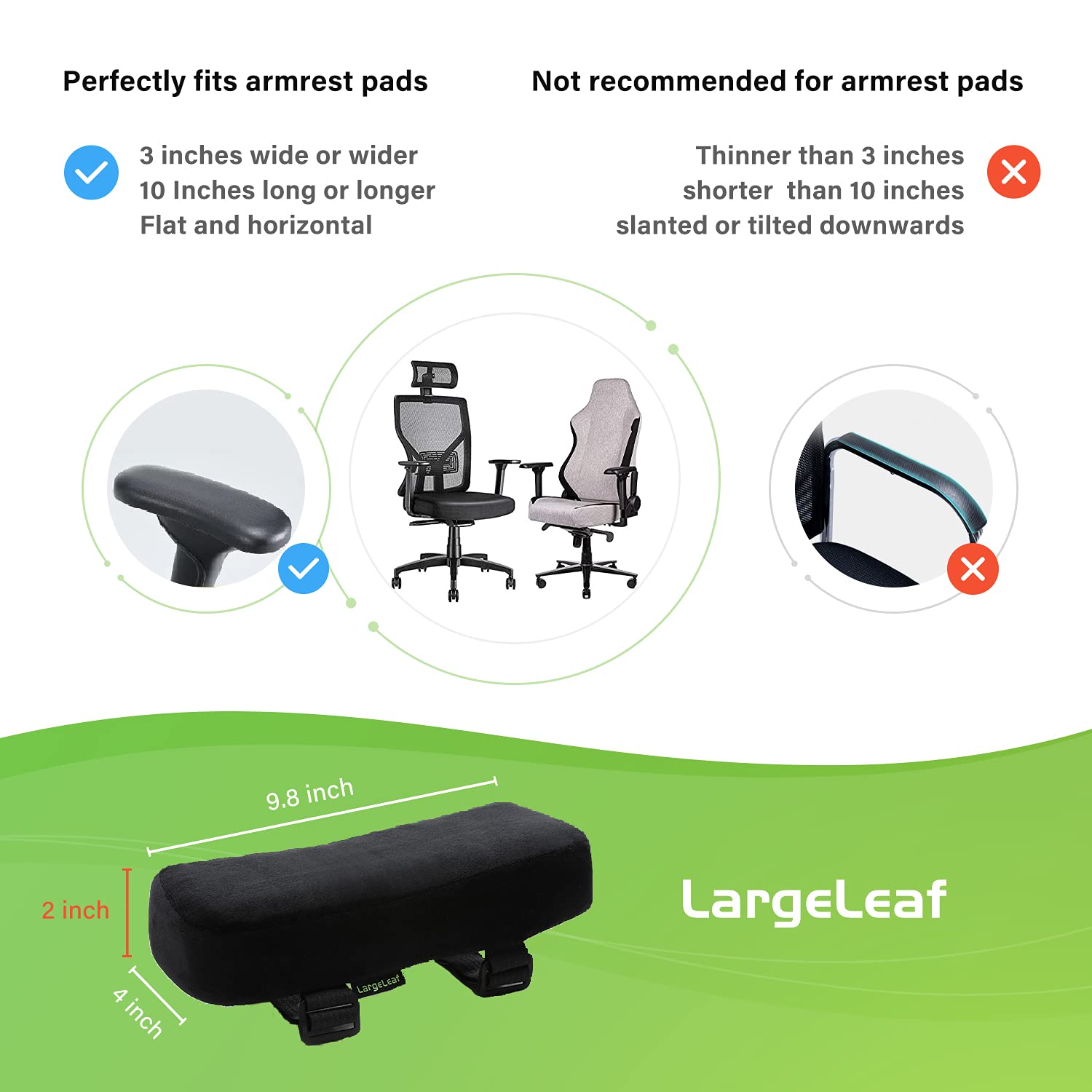 LargeLeaf Extra Thick 2 inches Chair armrest Cushions Elbow Pillow Pressure Relief Office Chair Gaming Chair armrest with Memory Foam armrest Pads 2-Piece Set of Chair (Black)