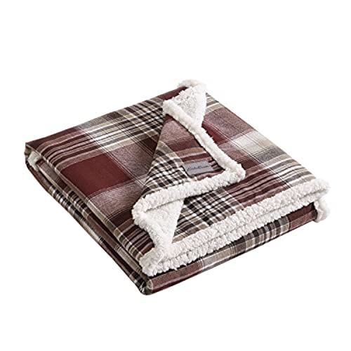 Eddie Bauer - Throw Blanket, Cotton Flannel Home Decor, All Season Reversible Sherpa Bedding (Twin Lakes Red, Throw)