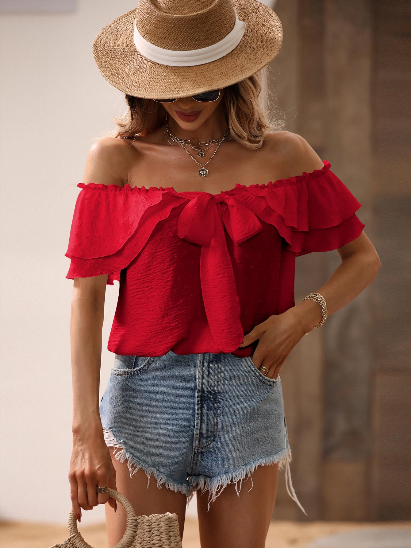 SweatyRocks Women's Off Shoulder Ruffle Trim Knot Front Blouse Tiered Layer Butterfly Short Sleeve Chiffon Tops Summer Red L