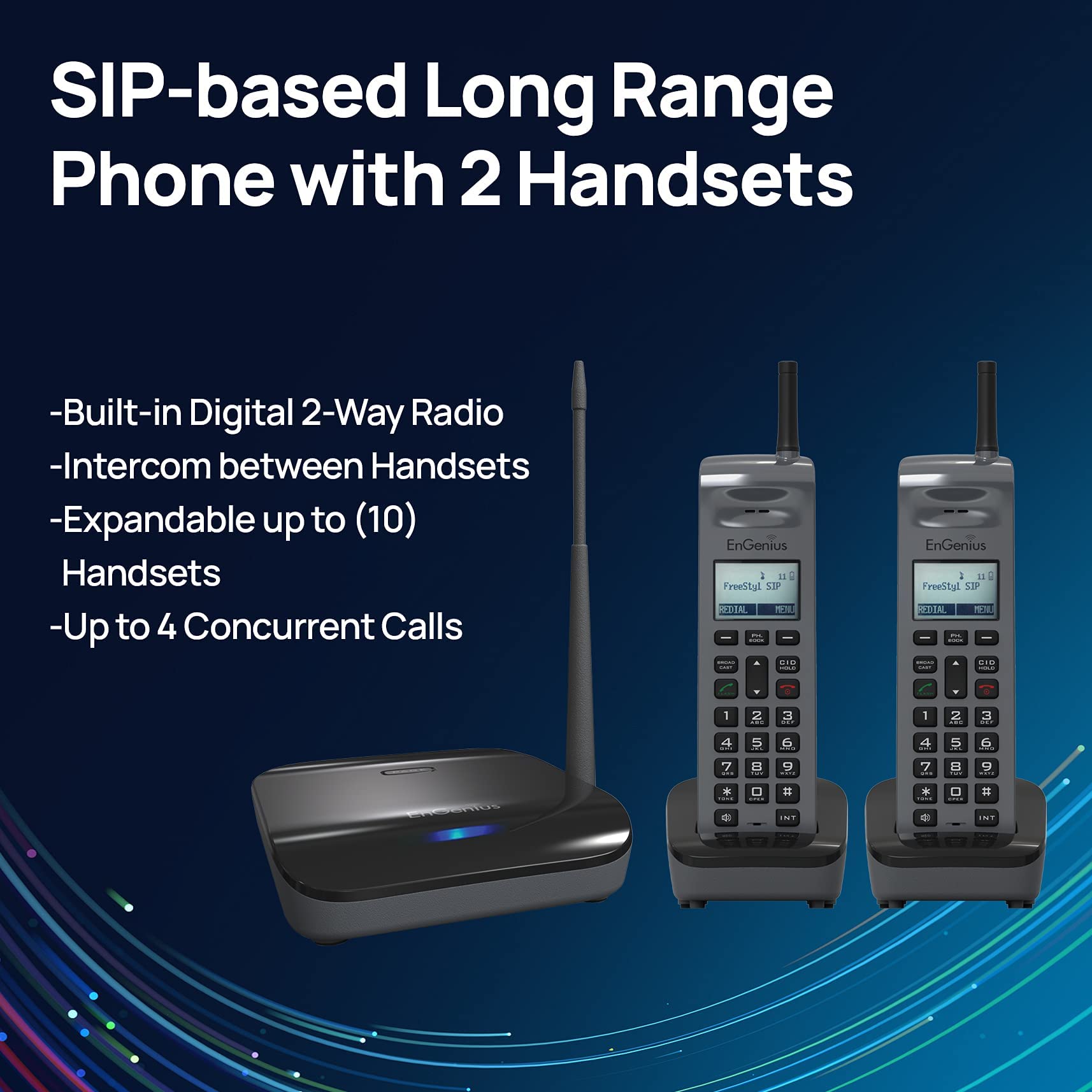 EnGenius FreeStyl SIP2, Long Range, Portable 900 Mhz VoIP Phone with 2-Way Radio for Broadcast/Intercom, Expandable up to (10) Handsets per Base, 10 Acres of Coverage, Includes (2) Handsets