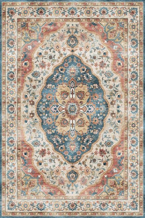 vivorug Washable Rug, Ultra Soft Area Rug 5x7, Non Slip Boho Rug Foldable, Stain Resistant Rugs for Living Room, Persian Tribal Medallion (Yellowish/Navy, 5'x7')