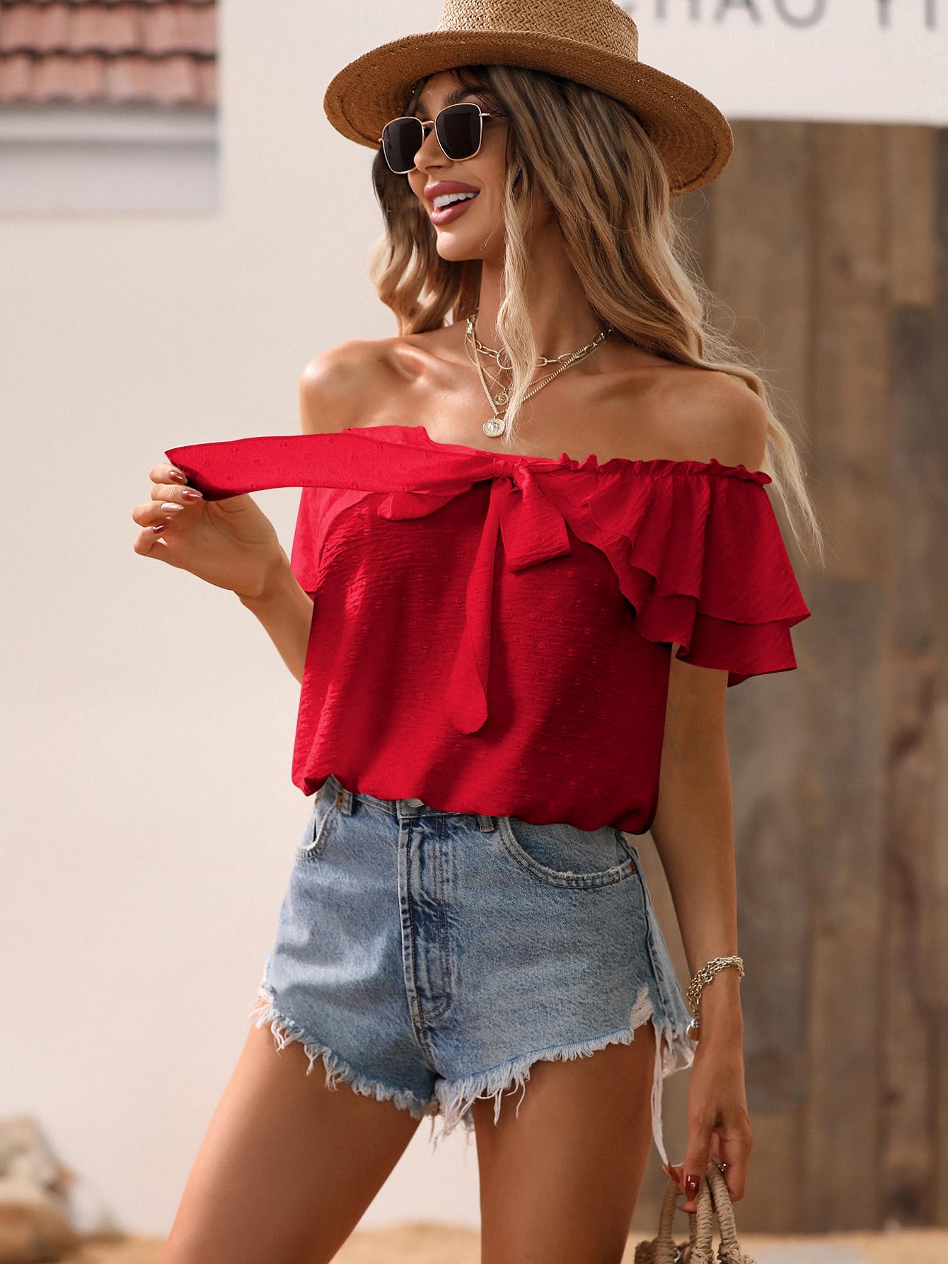 SweatyRocks Women's Off Shoulder Ruffle Trim Knot Front Blouse Tiered Layer Butterfly Short Sleeve Chiffon Tops Summer Red L