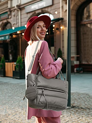 MYHOZEE Puffer Tote Bag, Large Padding Tote Handbags for Women Waterproof Quilted Crossbody Bags Gray