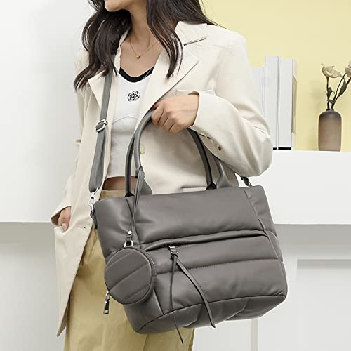 MYHOZEE Puffer Tote Bag, Large Padding Tote Handbags for Women Waterproof Quilted Crossbody Bags Gray