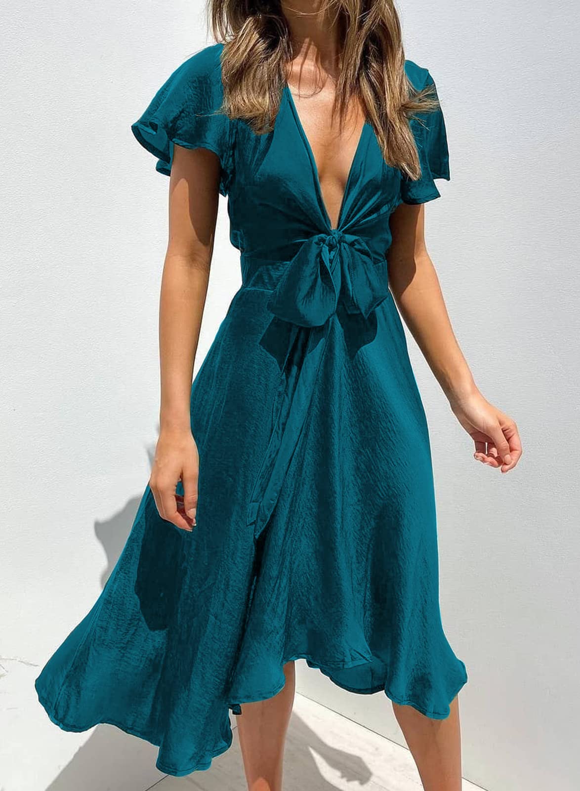 miduo Women's Dresses Summer V Neck Ruffle Short Sleeve Club Self Tie High Waist Hi Low Midi A-Line Skater Satin Dresses Wedding S