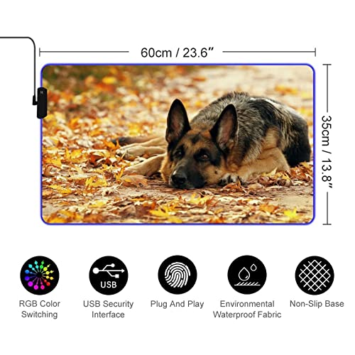 Gaming Mouse Pad and Desk Mat, German Shepherd Dog Autumn Leaves Large Extended Mouse Pad with RGB LED Edge and Anti-Slip Rubber Bottom Keyboard Mouse Mat for Laptop/Gamer 23.6x13.8 Inch