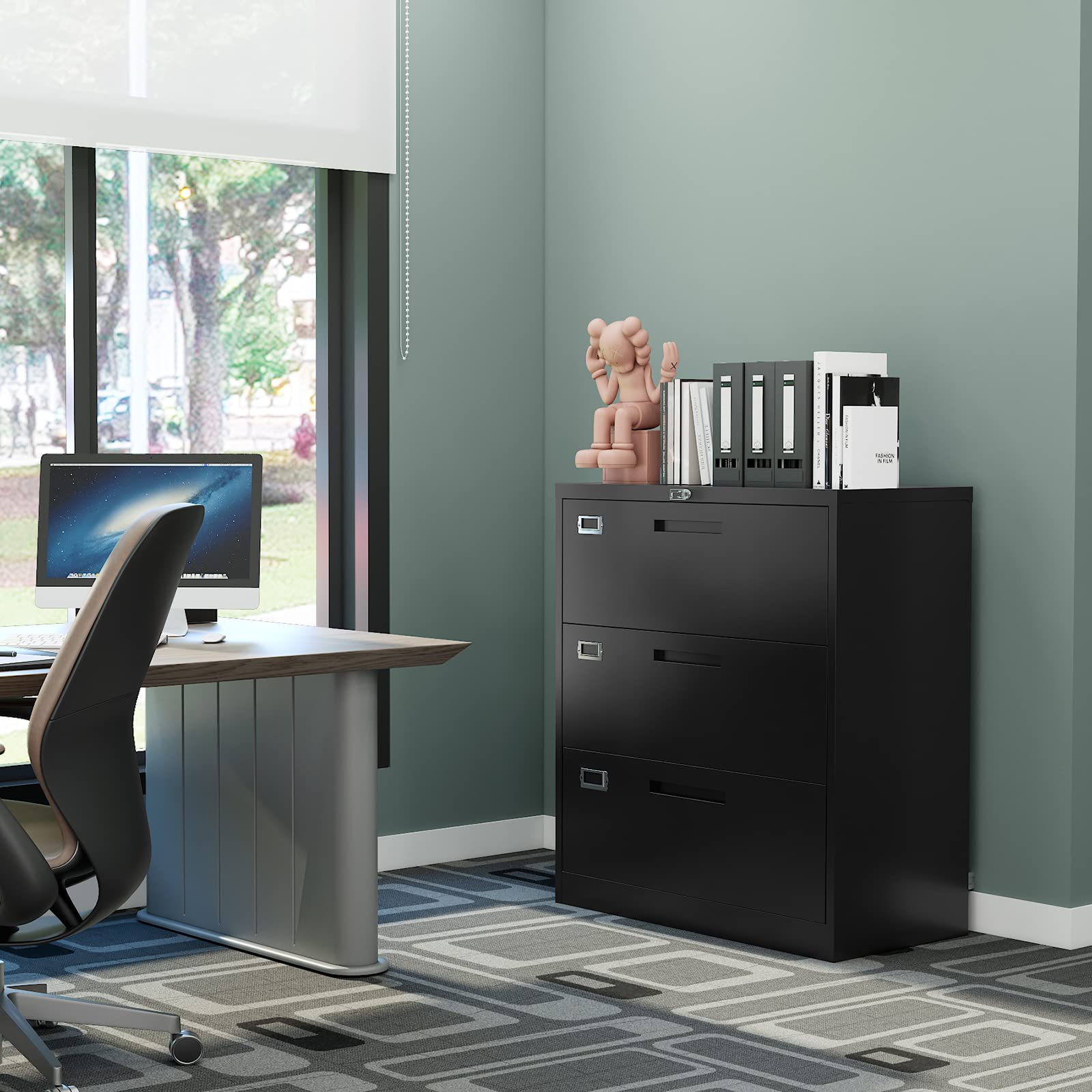LISSIMO 3 Drawer Metal File Cabinet with Lock,Under Desk Office Storage Filing Cabinet for Legal/Letter/A4 File, Hanging File Folders(Black)