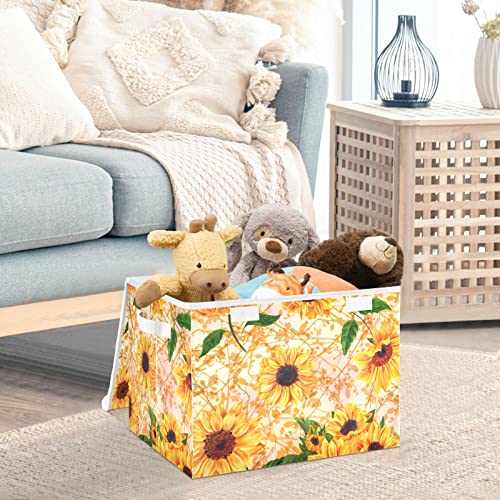 TSENQUE Autumn Sunflower Foldable Storage Bins with Lids Collapsible Storage Cube Bin for Home Bedroom Closet Office Nursery 16.5" L x 12.6" W x 11.8" H