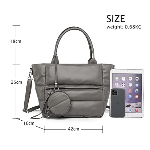 MYHOZEE Puffer Tote Bag, Large Padding Tote Handbags for Women Waterproof Quilted Crossbody Bags Gray