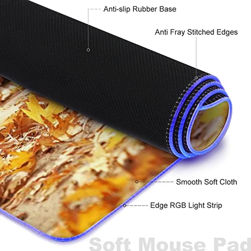 Gaming Mouse Pad and Desk Mat, German Shepherd Dog Autumn Leaves Large Extended Mouse Pad with RGB LED Edge and Anti-Slip Rubber Bottom Keyboard Mouse Mat for Laptop/Gamer 23.6x13.8 Inch