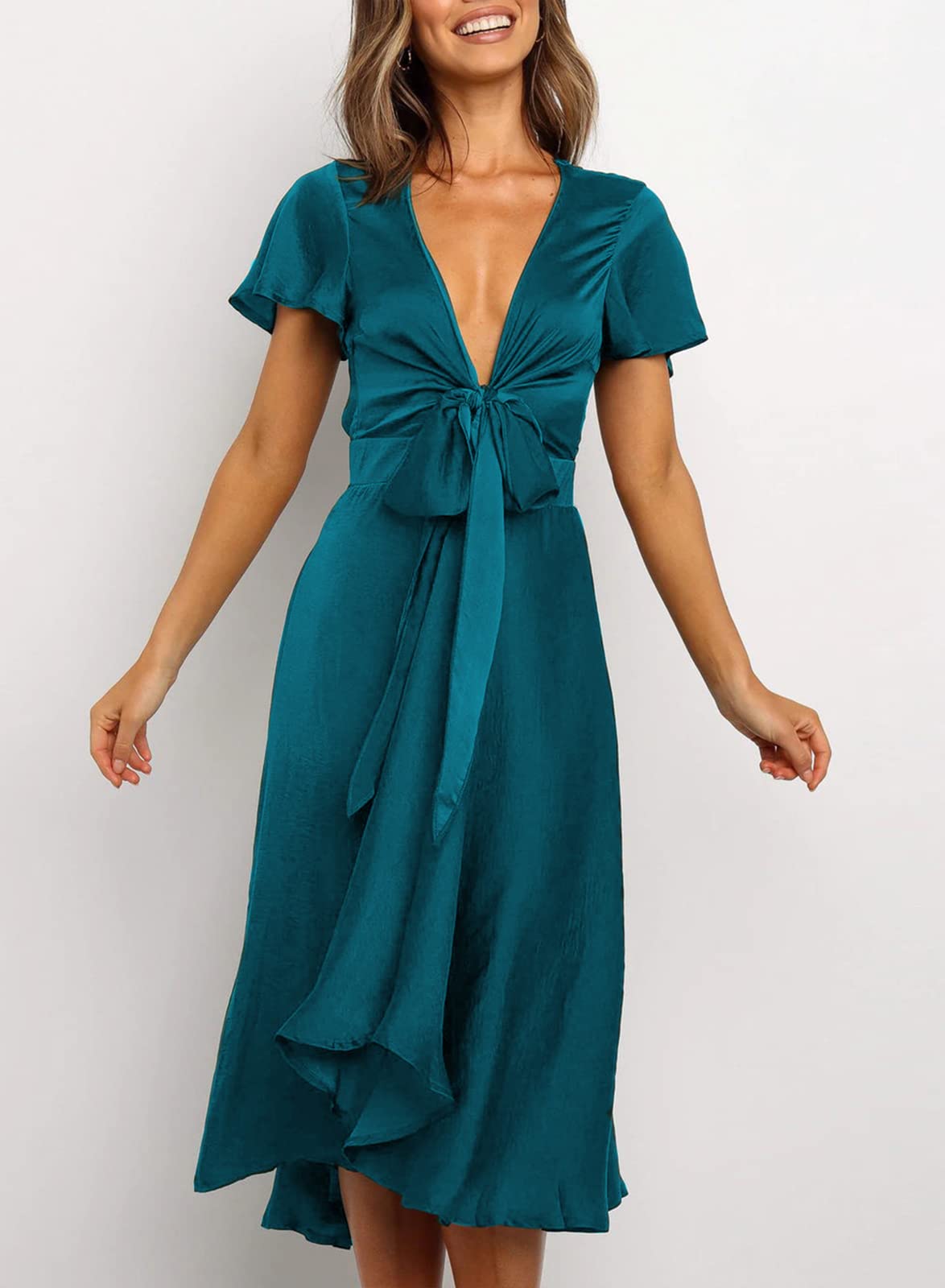 miduo Women's Dresses Summer V Neck Ruffle Short Sleeve Club Self Tie High Waist Hi Low Midi A-Line Skater Satin Dresses Wedding S