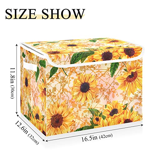 TSENQUE Autumn Sunflower Foldable Storage Bins with Lids Collapsible Storage Cube Bin for Home Bedroom Closet Office Nursery 16.5" L x 12.6" W x 11.8" H