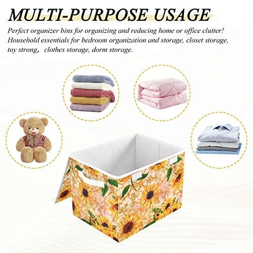 TSENQUE Autumn Sunflower Foldable Storage Bins with Lids Collapsible Storage Cube Bin for Home Bedroom Closet Office Nursery 16.5" L x 12.6" W x 11.8" H