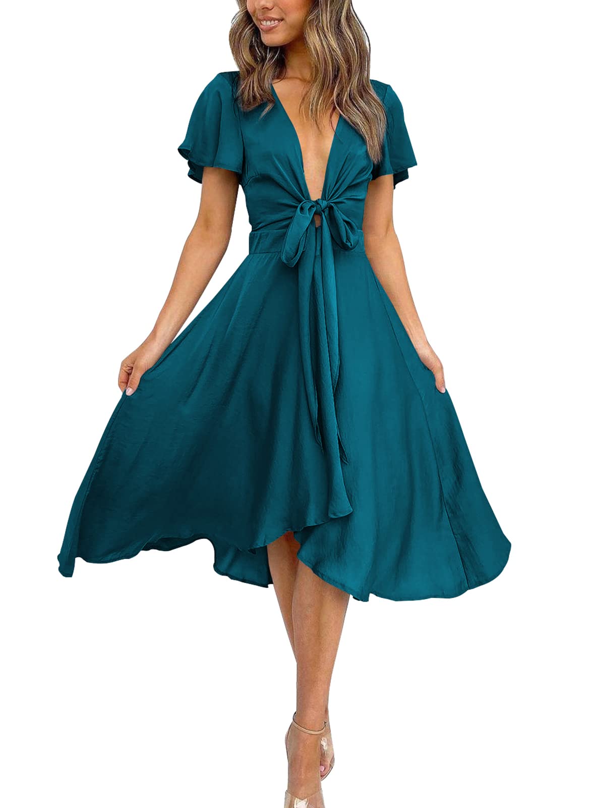 miduo Women's Dresses Summer V Neck Ruffle Short Sleeve Club Self Tie High Waist Hi Low Midi A-Line Skater Satin Dresses Wedding S