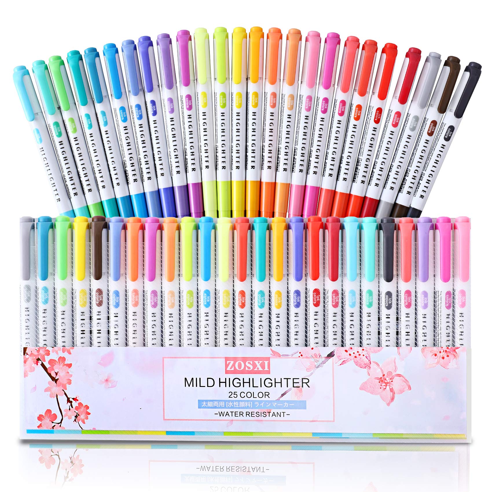 Highlighter Double Ended Mild color Highlighter Fluorescent Marker pen for Coloring, Underlining, Highlighting,Broad and Fine Tips,Assorted 25 Colors (25 Color set)